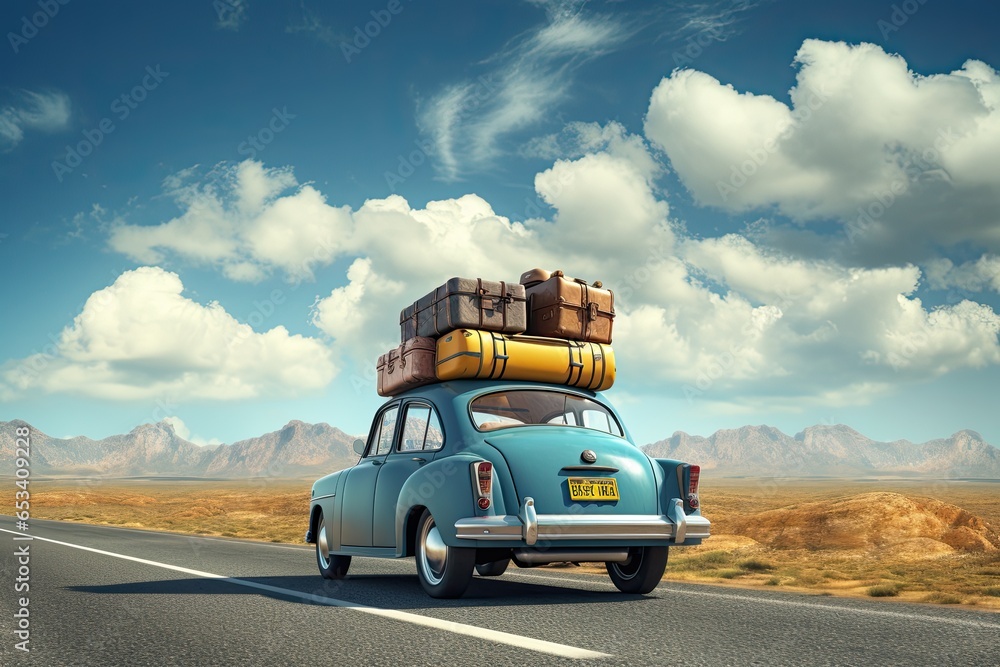 Travelling by car. Blue retro car with luggage on the roof. Car on the ...