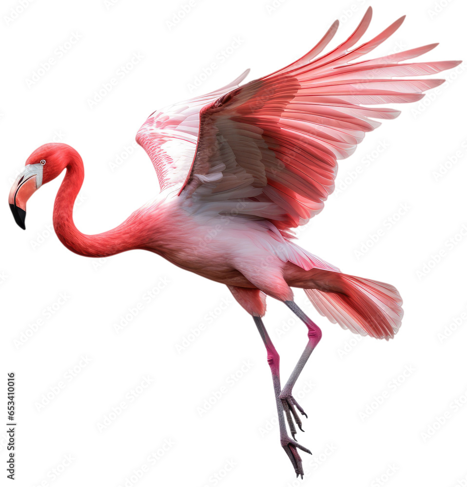 Flying pink flamingo bird isolated on a white background as transparent ...