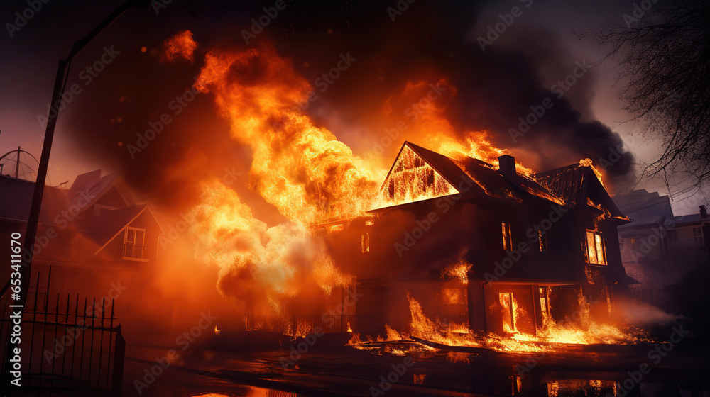Burning building. Fire. Wildfire. Burning house. Roof of building in ...