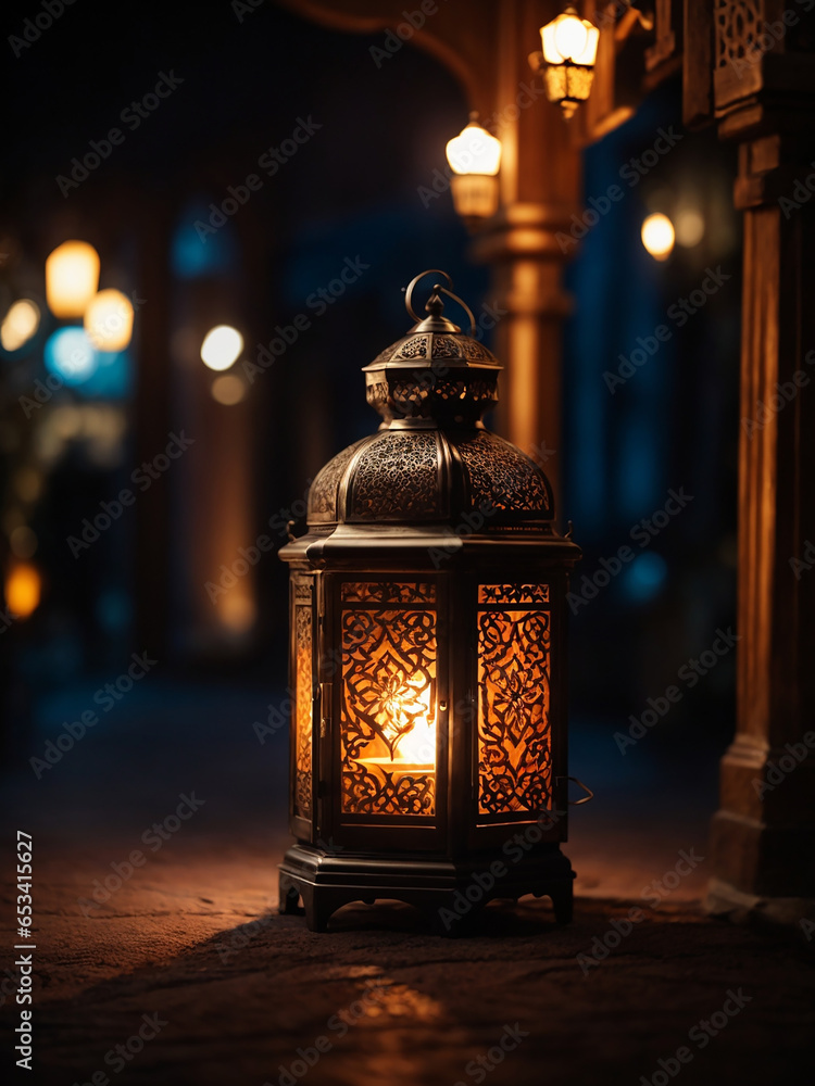 Ramadan Kareem greeting. Islamic lantern on night sky with crescent moon and stars. End of ...