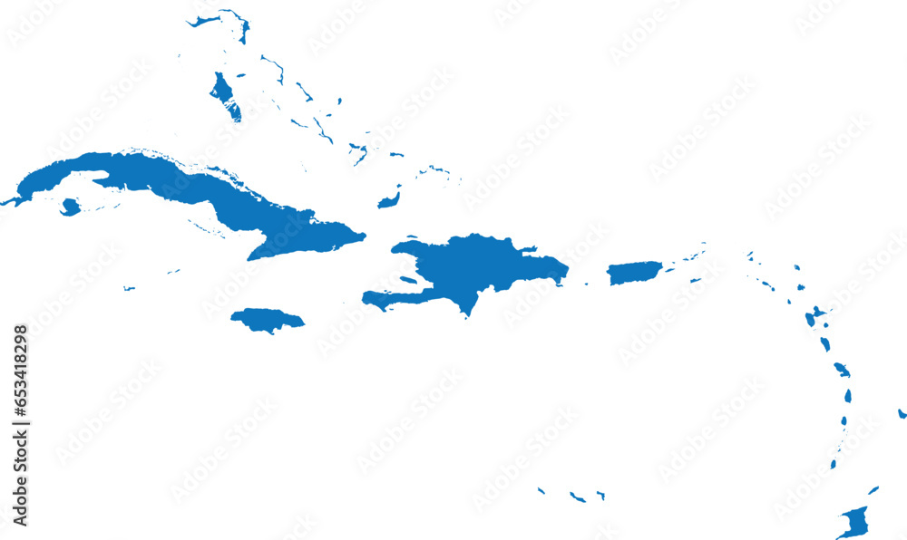 BLUE CMYK color detailed flat stencil map of the region of CARIBBEAN ...