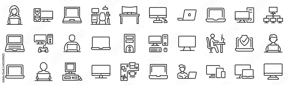 Set of 30 outline icons related to computer. Linear icon collection. Editable stroke. Vector ...
