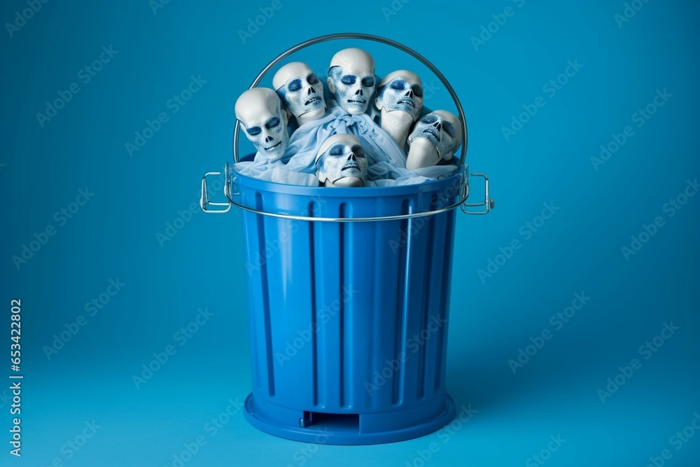 Disposing used PPE in medical waste bin with blue background. Flatlay ...