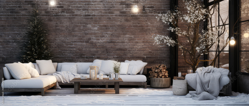 Winter, snowy patio of suburban house. Luxury exterior design scene ...