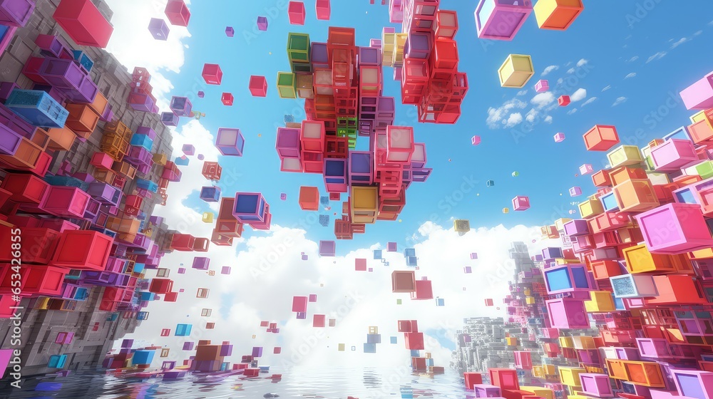 3d voxel artificial cubes illustration futuristic pixel, virtual render ...