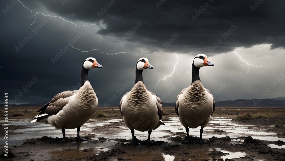 Three geese standing in a swamp wasteland, under stormy, cloudy and ...