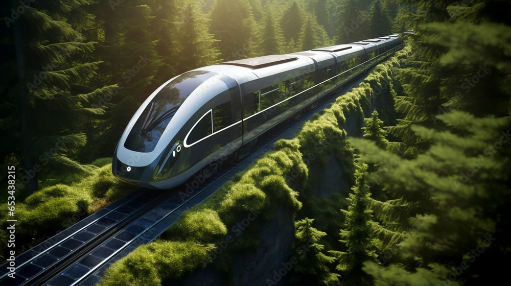 stockphoto, Train with roof made from solar panels, on track in forest ...