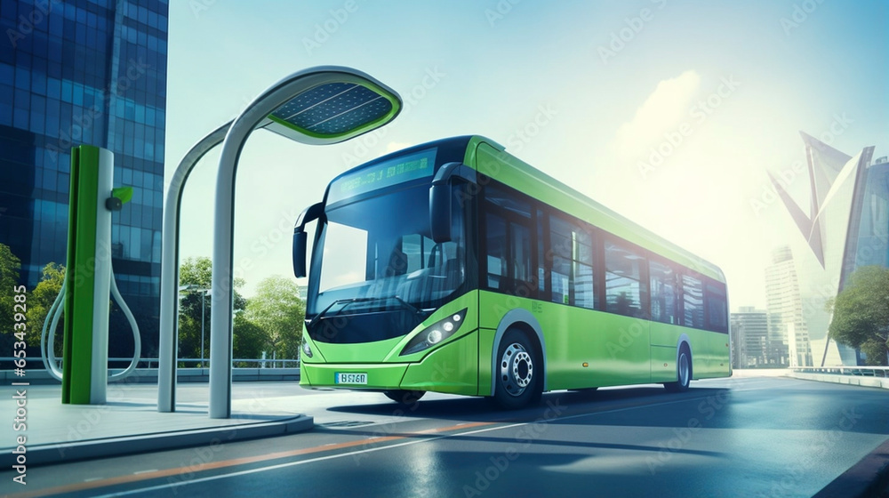Stockphoto, copy space, modern public transport bus charging on an ...