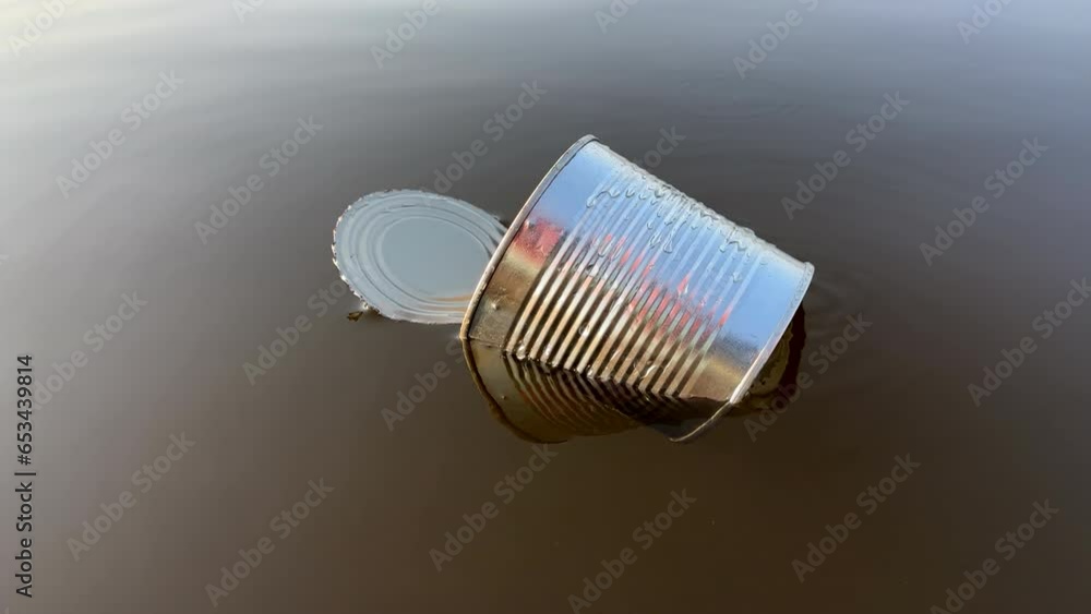 Tin can waste in lake water. Empty metal tin can garbage and food waste ...