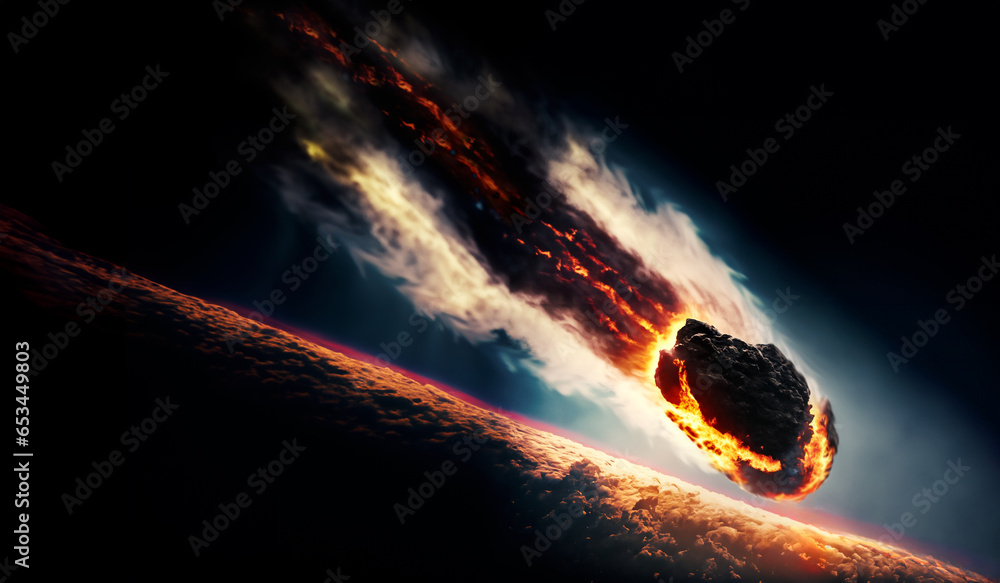 Meteorite passes through the atmosphere leaving a trail of fire and ...