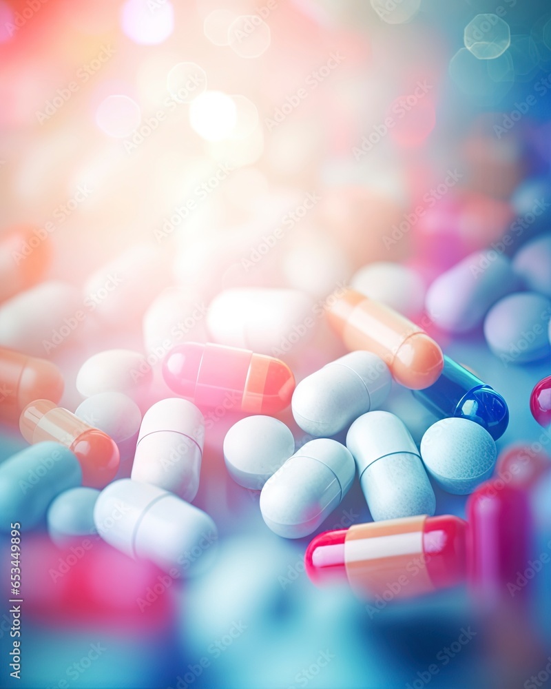 Blurred out close up of medication pills background with lots of bokeh ...