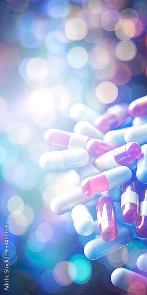 Blurred out close up of medication pills background with lots of bokeh ...