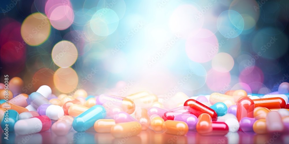 Blurred out close up of medication pills background with lots of bokeh ...