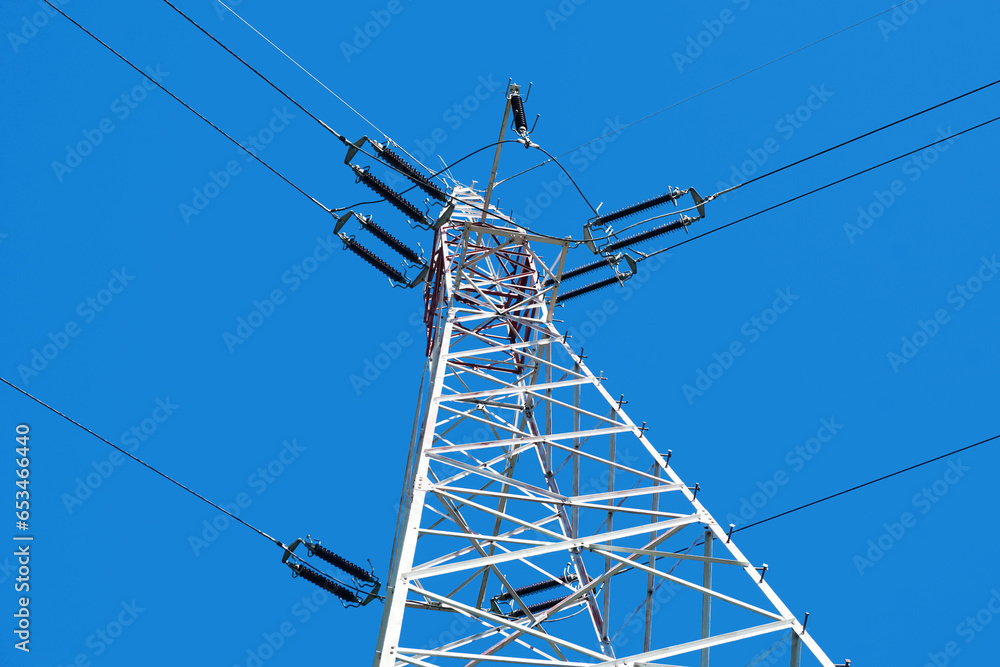 Transmission tower background. High voltage electricity pylon. Metal ...