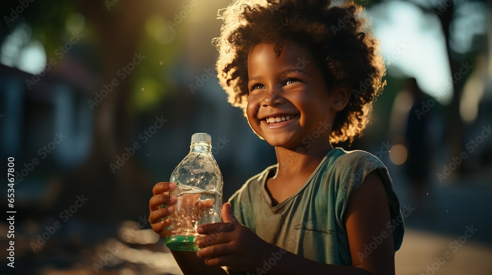 Happy African child holds a bottle of clean water. The problem of ...