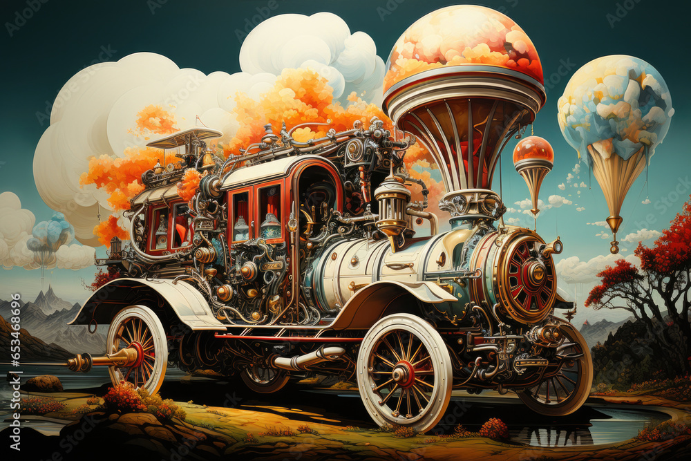 Retro steam locomotive illustrated with various balloons and high-tech ...