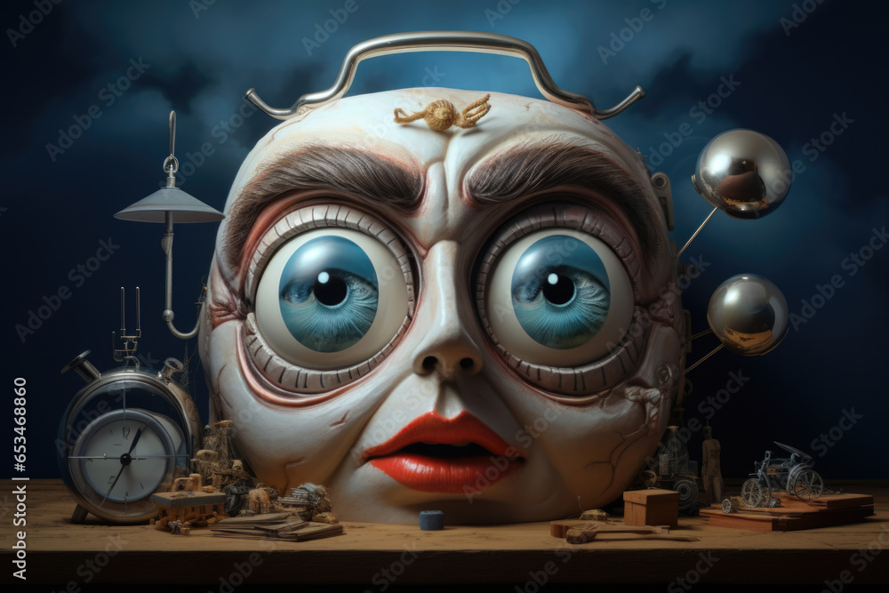 Big head in the form of an alarm clock dot concept of time management ...