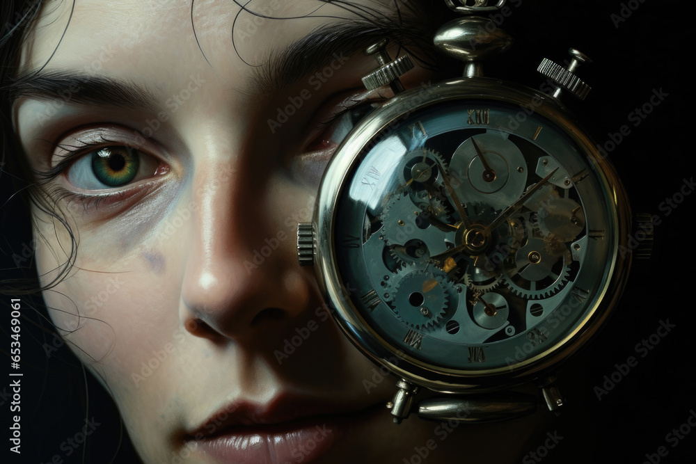 Portrait of a woman and a stopwatch in front of her face. Concept of ...