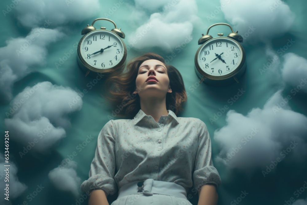 Sleeping woman surrounded by clouds and alarm clocks. Concept of sleep ... Sleeping woman surrounded by clouds and alarm clocks. Concept of sleep ...