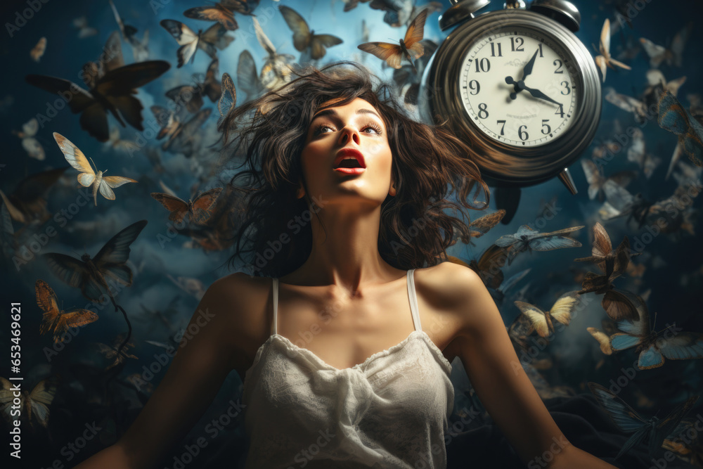 Shocked woman suffering from insomnia against the background of a large ...