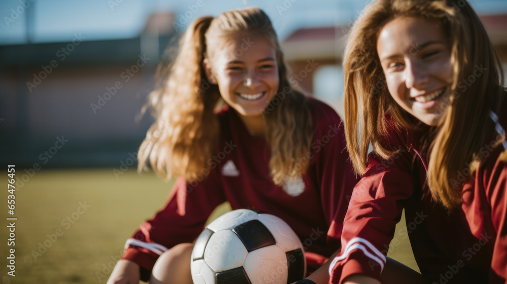 Happy football team of tween girls celebrating together | Uwalls.co.uk