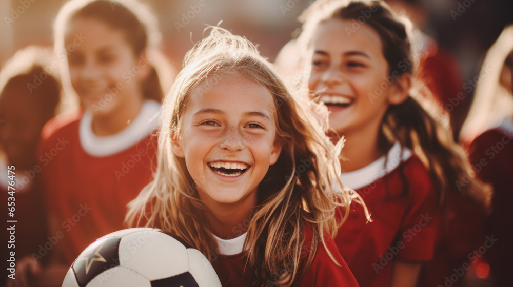Happy football team of tween girls celebrating together Stock Photo ...