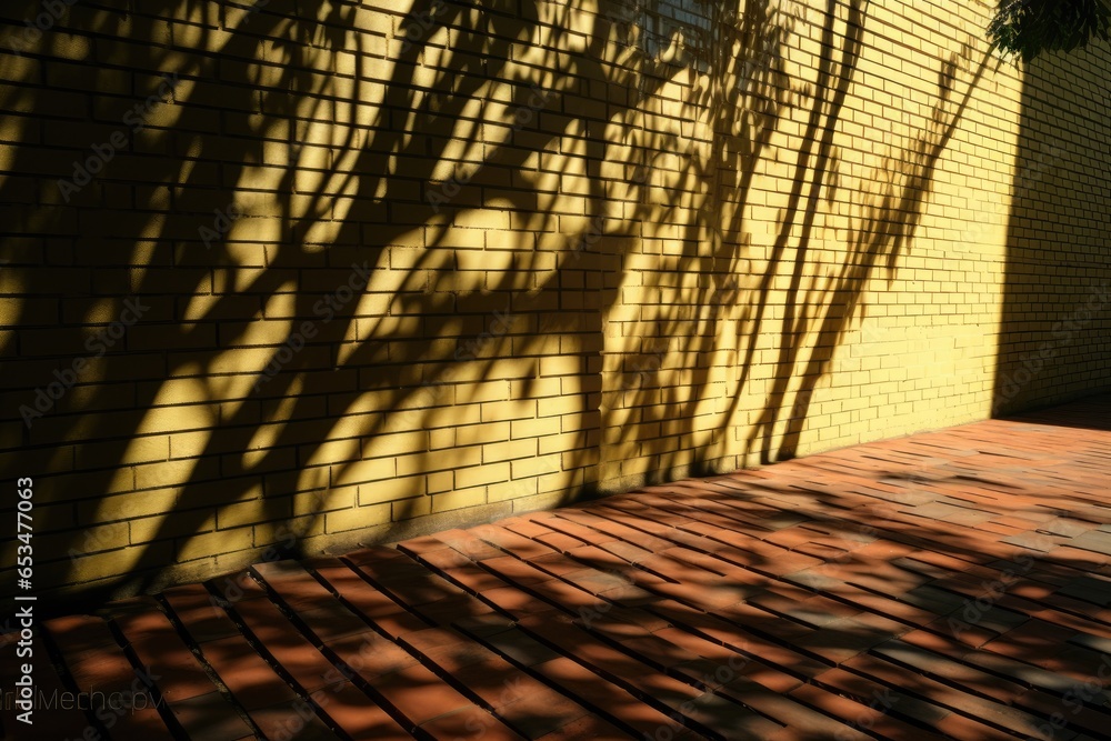 Yellow Brick Wall with Tree Shadow, Herringbone Red Brick Ground ...