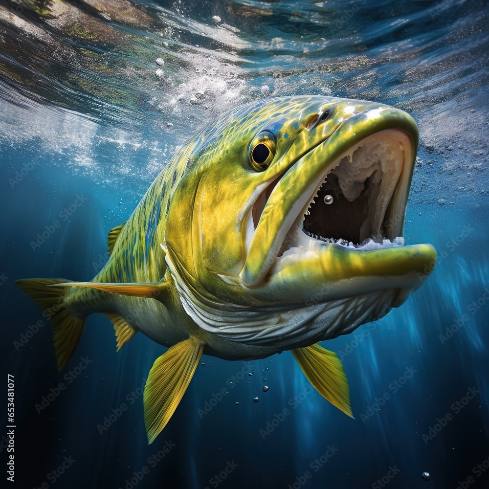Picture of underwater front view of a Mahi mahi fish, front view with ...
