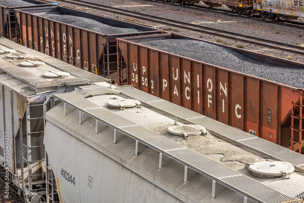 Union Pacific coal cars and hoppers in a railyard taken from above ...