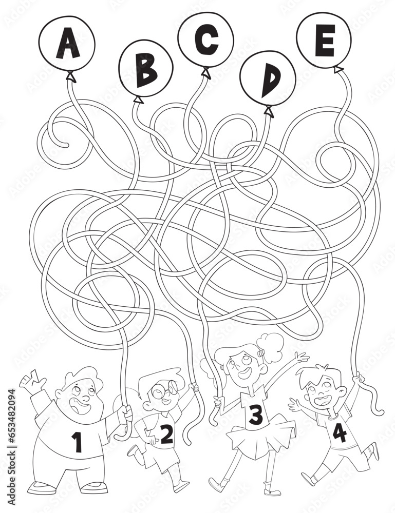 Maze for children. Children holding balloons. Educational game for kids ...