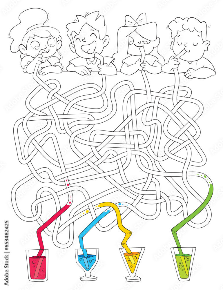 Children logic game to pass maze. Kids drink cocktails. Color the ...