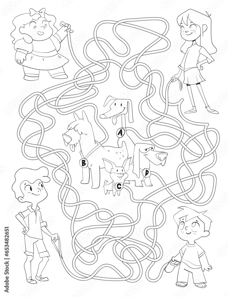 Maze for children. Kids walking their dogs. Educational game for kids ...