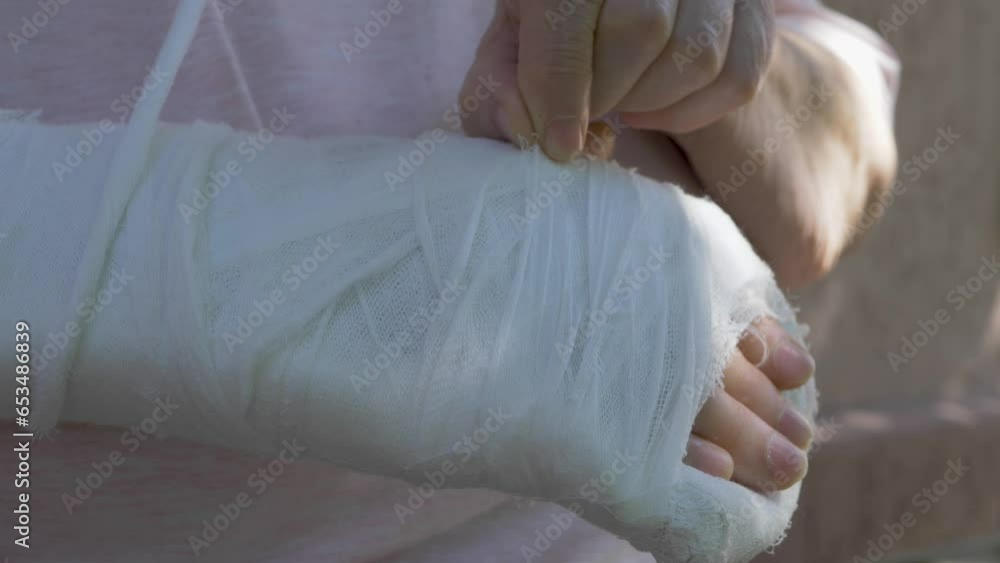 Fracture hand of woman, broken arm in plaster bandage. Hand in plaster ...