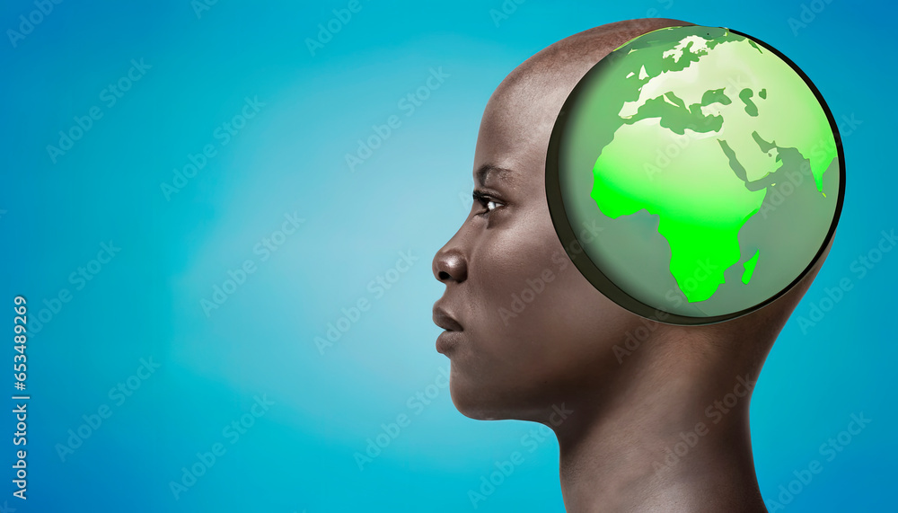 Beautiful young black woman with the planet Earth where Africa is seen ...