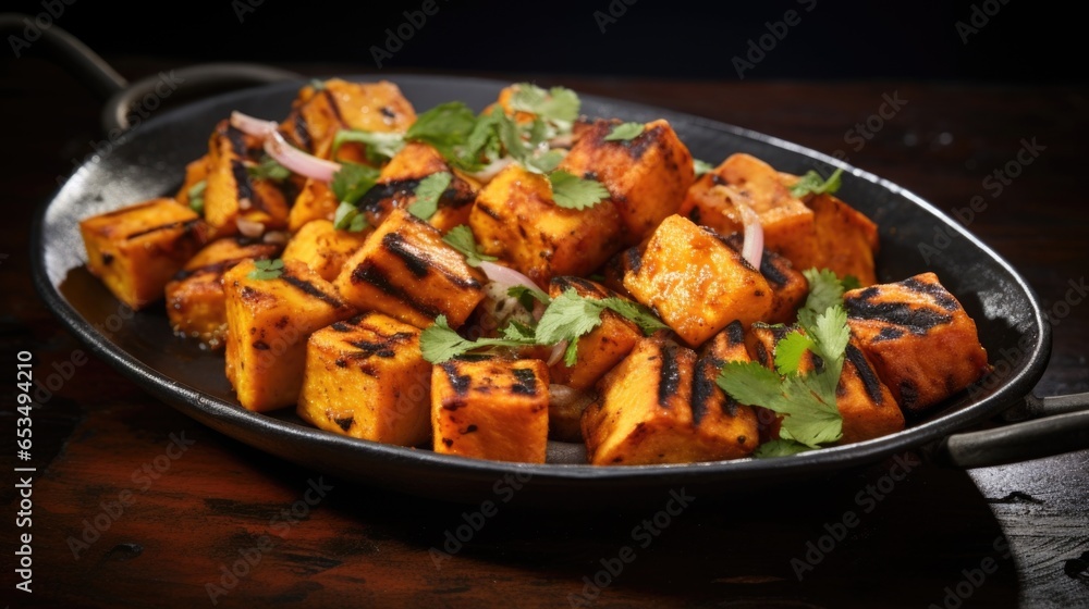 This food shot focuses on a sizzling platter of tandoori paneer tikka ...