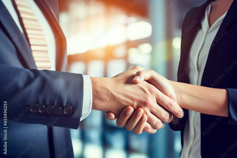Businessman and woman shaking hands at office meeting closeup ...
