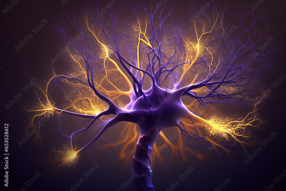 3d illustration of the activity of neurons and synapses. Neural ...