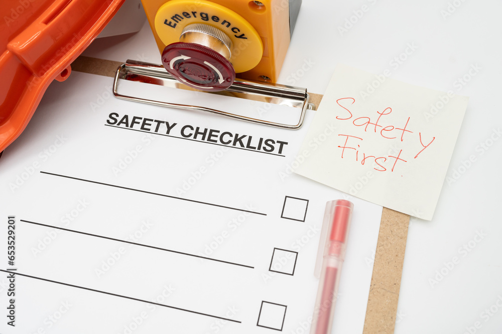 Safety First Text Note. Blank checklist paper during safety audit and ...