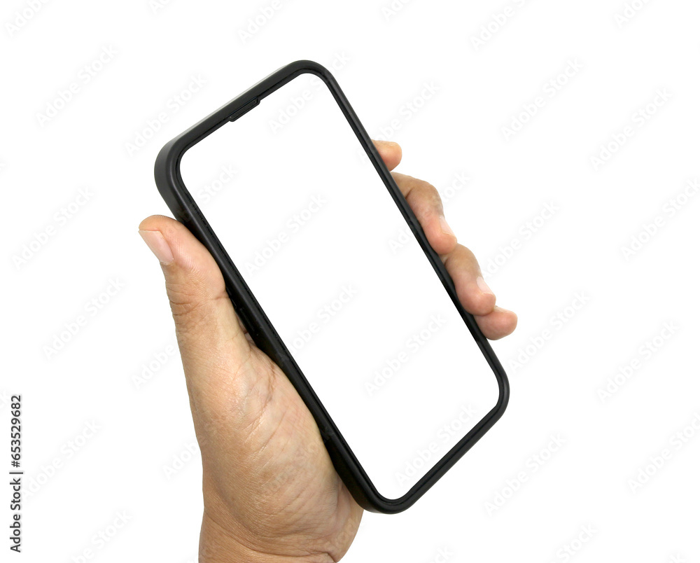 hand holding black phone on transparent background png file Stock Photo ...
