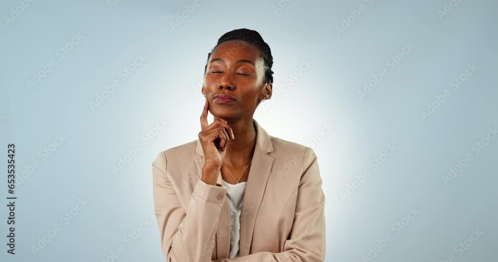 Business, thinking or black woman with idea, brainstorming or ...