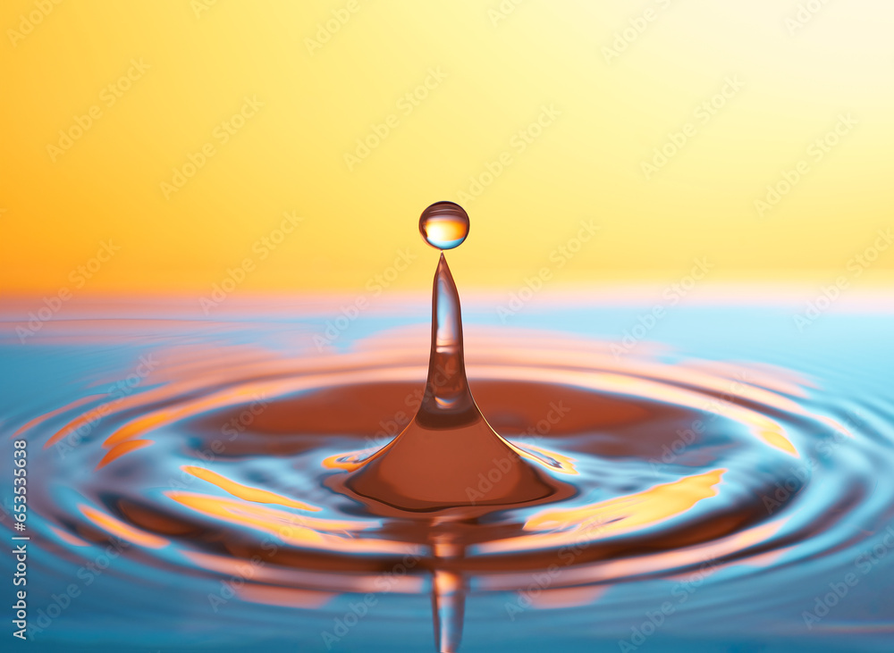 Liquid water is dropped from above into a colorful pool of water Stock ...