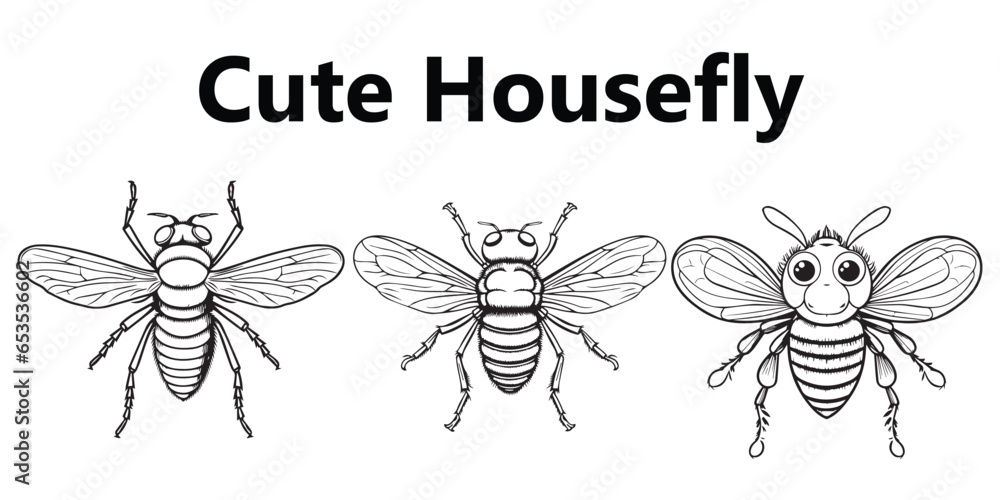 Black and white Cute Housefly Line art coloring page vector ...