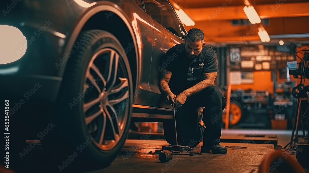 An auto repair shop garage as car mechanics work their magic on a ...