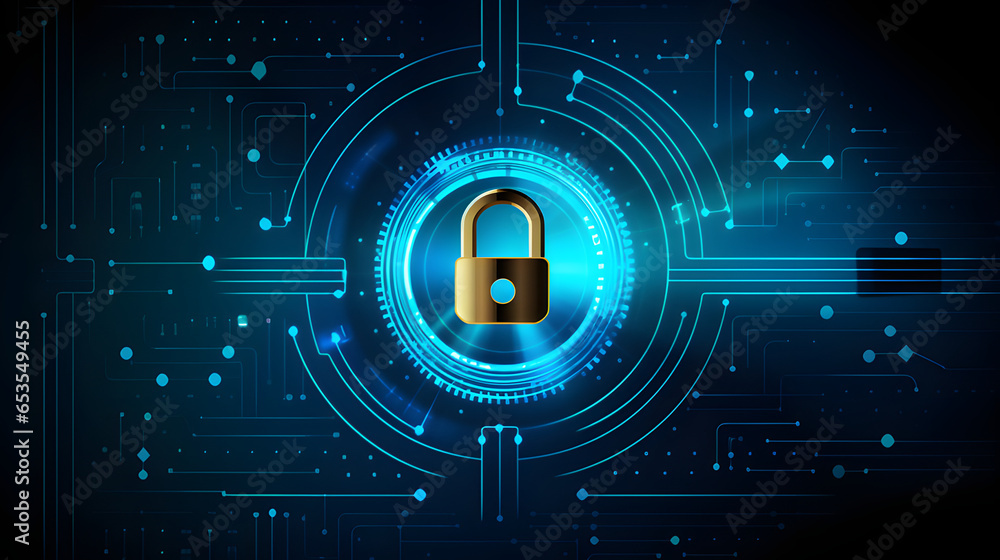 Cybersecurity Binary code lock, Access control, Golden padlock and HUD circle elements on ...