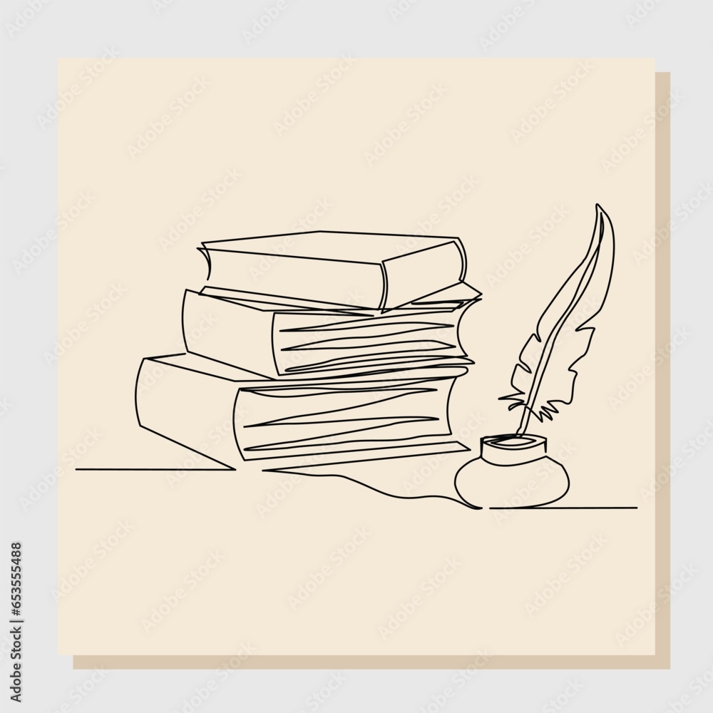Continuous single line sketch hand drawn drawing of quill pen ink and ...