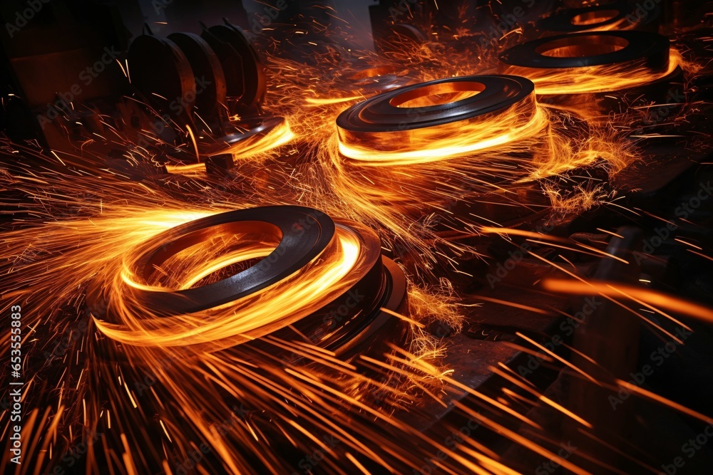Molten metal sparks dance in the darkness as a machine presses onward ...