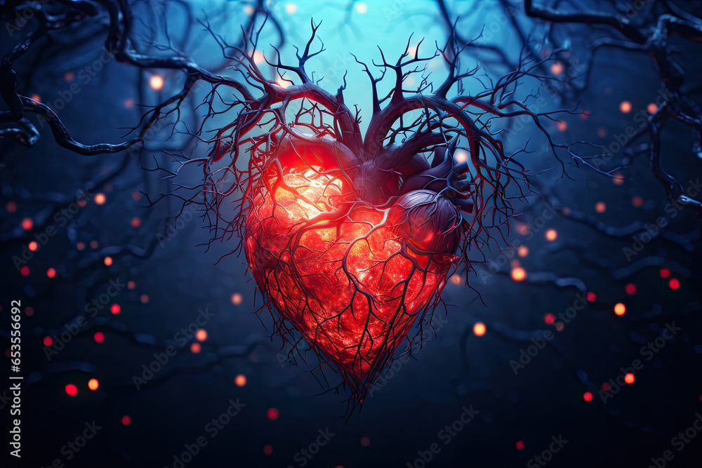 Stylized human human heart with veins, arteries and blood vessels on ...