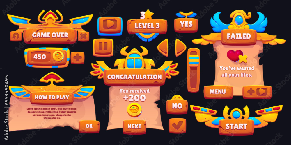 Egyptian ui game interface cartoon vector icon. Egypt menu design ...
