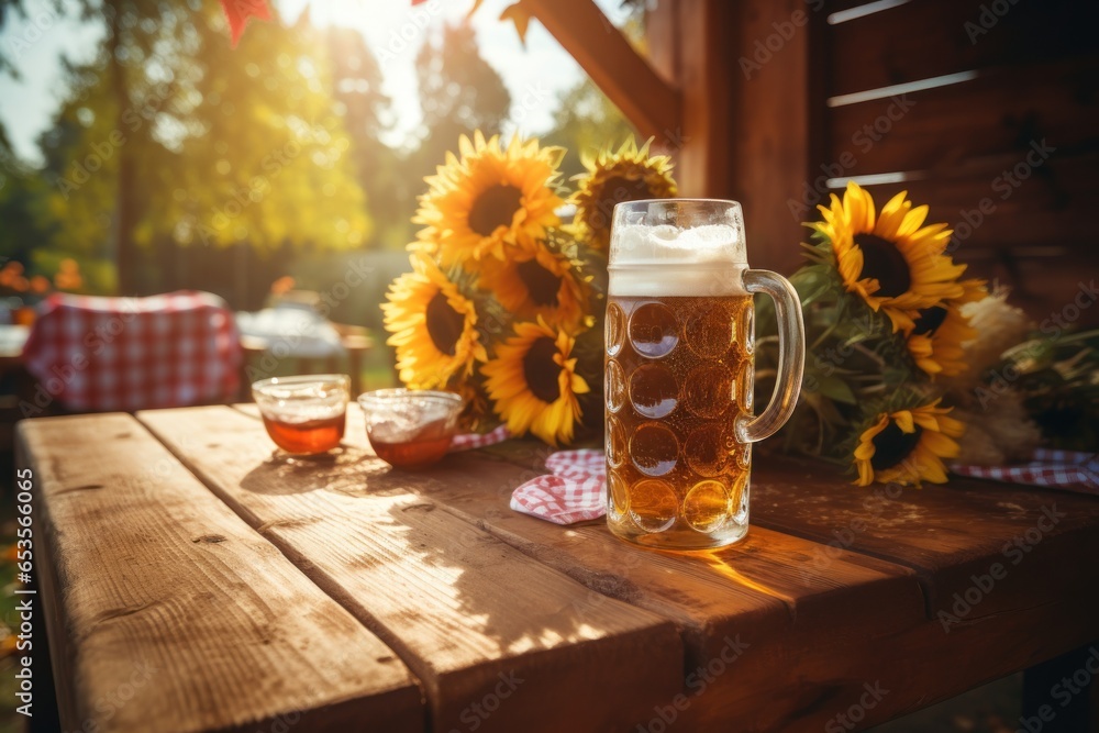 Bokeh background of street festival beer, outdoor. A mug of beer in the ...