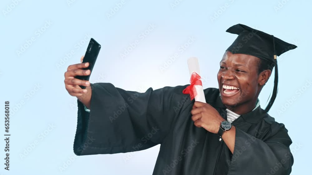 Graduation selfie, student and man with college profile picture ...